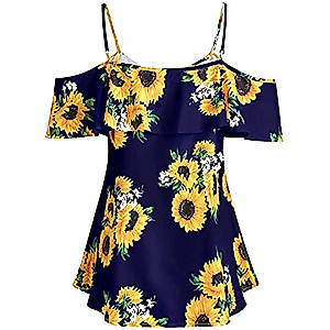 Bravetoshop Women's Cold Shoulder Tops Sunflower Printed Short Sleeve Blouse Summer Causal Loose T-Shirt (Blue,XL)