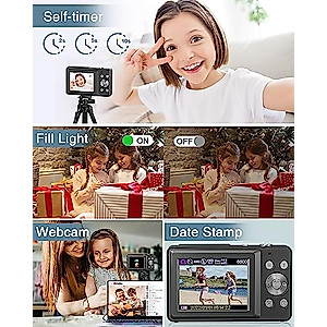 Digital Camera, FHD 1080P Kids Camera with 32GB Card, 2 Batteries, Lanyard, 16X Zoom Anti Shake, 44MP Compact Portable Small Point and Shoot Cameras Gift for Kid Student Children Teens Girl Boy(Black)