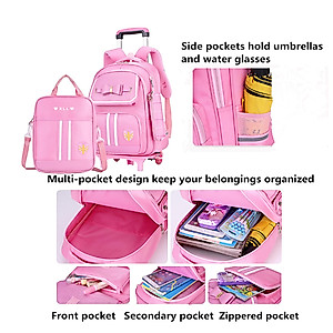 ZHANAO Rolling Trolley Bag Wheeled Backpack Bowknot for Girls Primary Schoolbag 3Pcs with Crossbody Bag Pencil Case