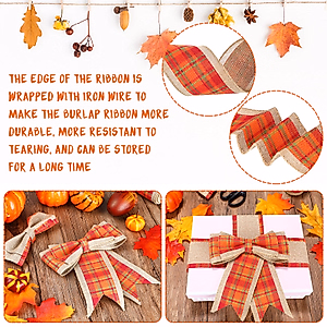2 Rolls 10 Yards Fall Plaid Wired Edge Ribbons Thanksgiving Orange Buffalo Plaid Ribbon Burlap Fabric Ribbon Natural Wrapping Red Orange Edge Ribbon for Wedding Decor Autumn Crafts, 2.5 Inch