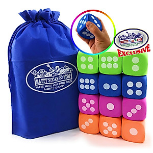 Deluxe Large 2.25" EVA Foam Dice (Pack of 12) with Bonus Matty's Toy Stop Storage Bag