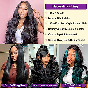 Seekomi Body Wave Human Hair 4 Bundles (18 20 22 24 inch) 100% Unprocessed Human Hair Body Wave Bundles Natural Black Color Double Weft Extension Human Hair 4 Bundles for Women 100g/Bundle