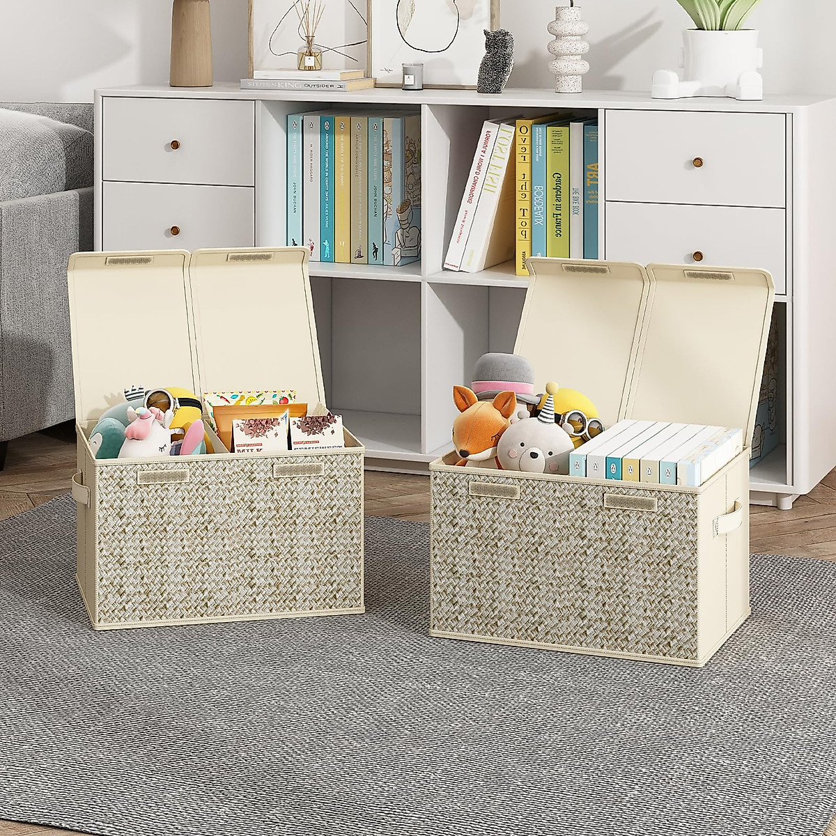 Wisdom Star 4 Pack Large Storage Bins with Double Lids & Handles, Collapsible Fabric Storage Cube Bin Basket with Removable Divider, Foldable Closet Organizer Clothing Shelf Basket, Beige