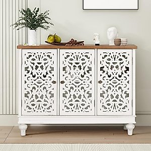 MFSTUDIO Accent Wood Storage Cabinet, Large Farmhouse Hollow-Carved Buffet Sideboard with 3 Doors Decorative Storage Cabinets for Living Room Kitchen Entryway Hallway, White