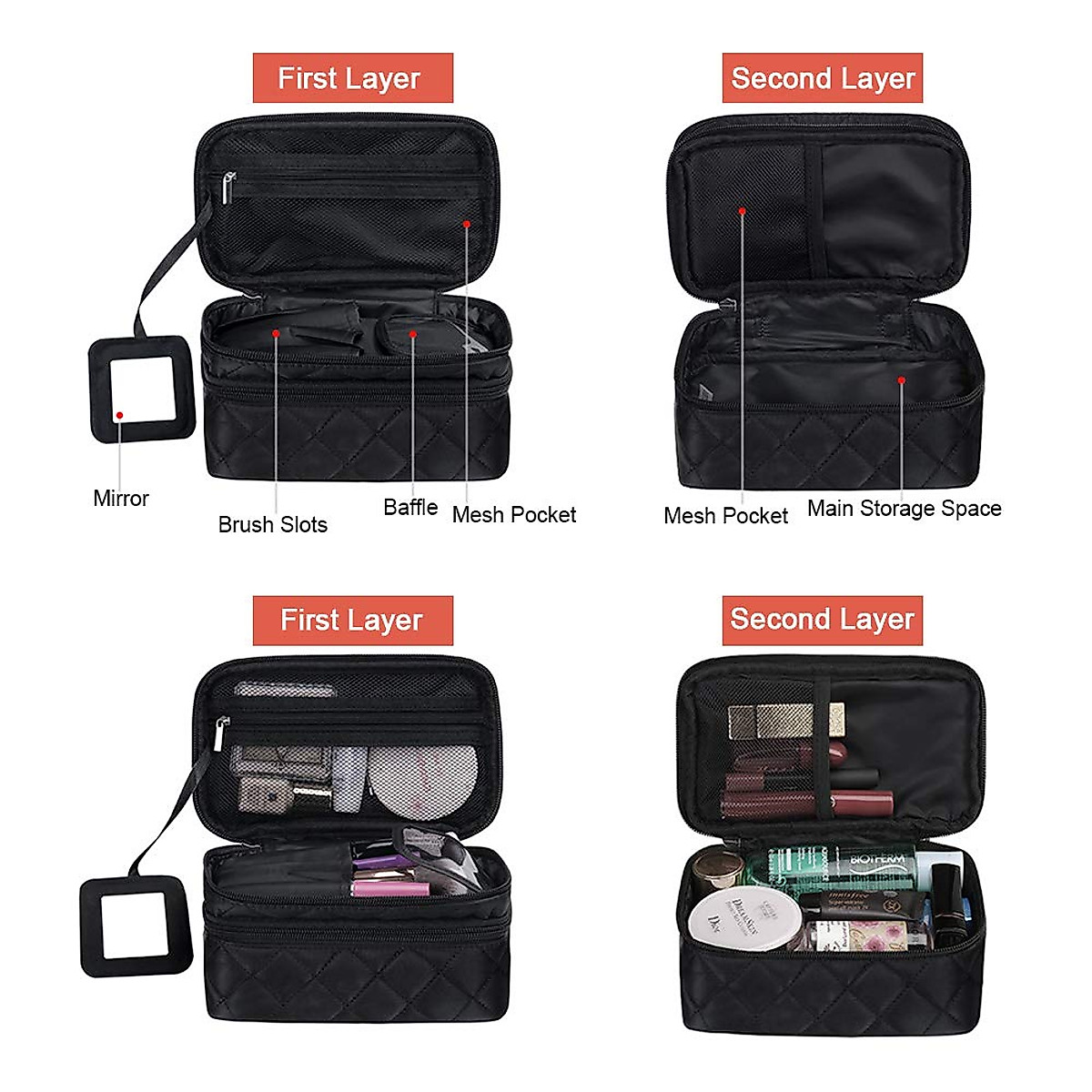 CGBOOM Makeup Bag Organizer, Portable Travel Toiletry Bag for Women, Large Capacity Double Layers Make up Bag With Brush Compartment and Handle, Black Cosmetic Bags for Women Travel Must Haves