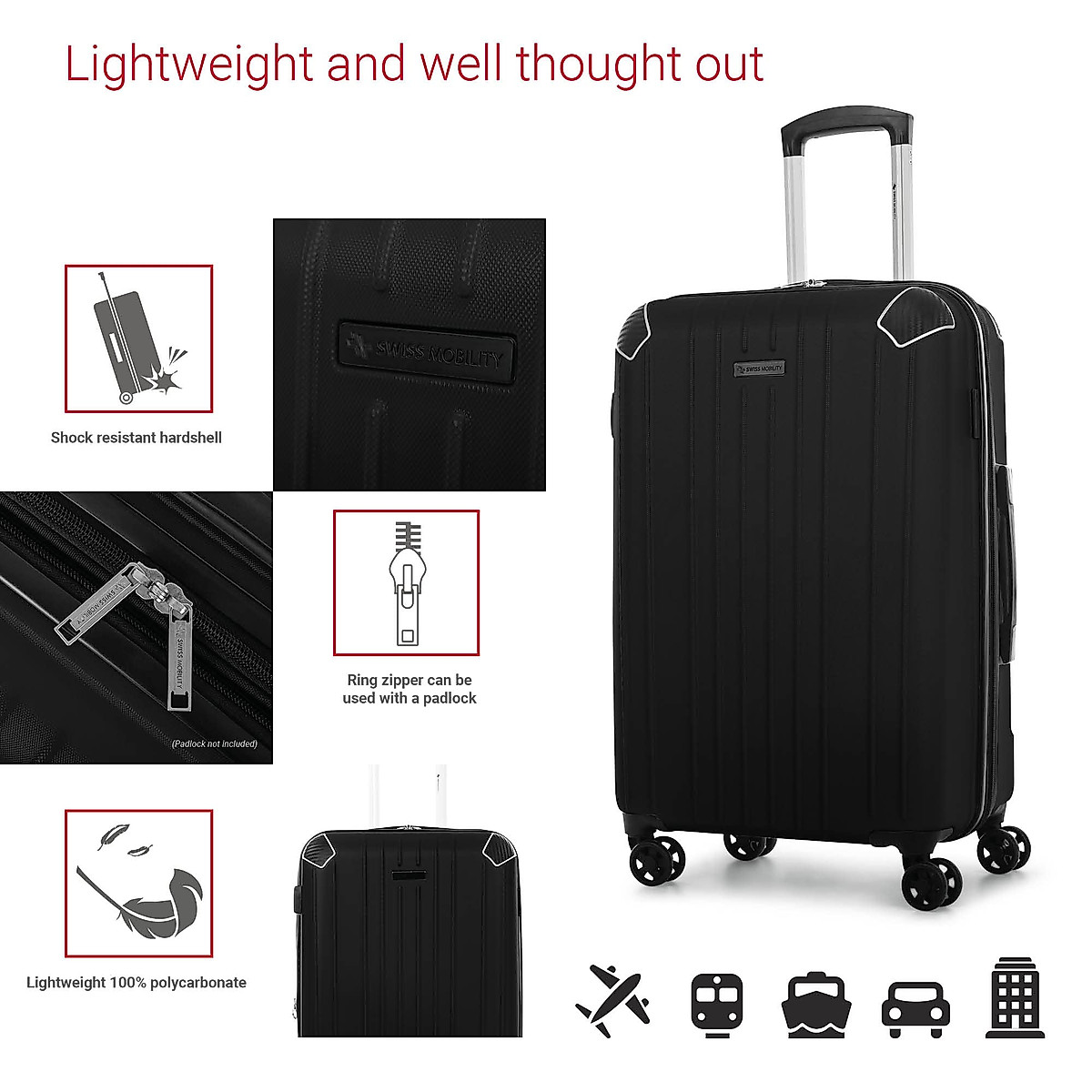 Swiss Mobility PVG Collection 28 Inch Hard Shell Spinner Luggage for Airplanes, Expandable Suitcase with 360-Degree Spinner Wheels, Retractable Handle, Black