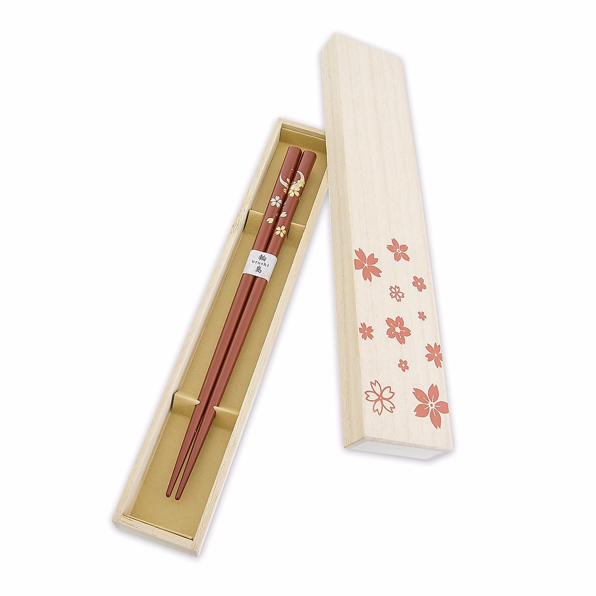 Hashimoto-Kousaku Sikkiten Japanese Natural Lacquered Wooden Chopsticks Sakura Collection in Gift Box (Yoisakura, Vermilion)