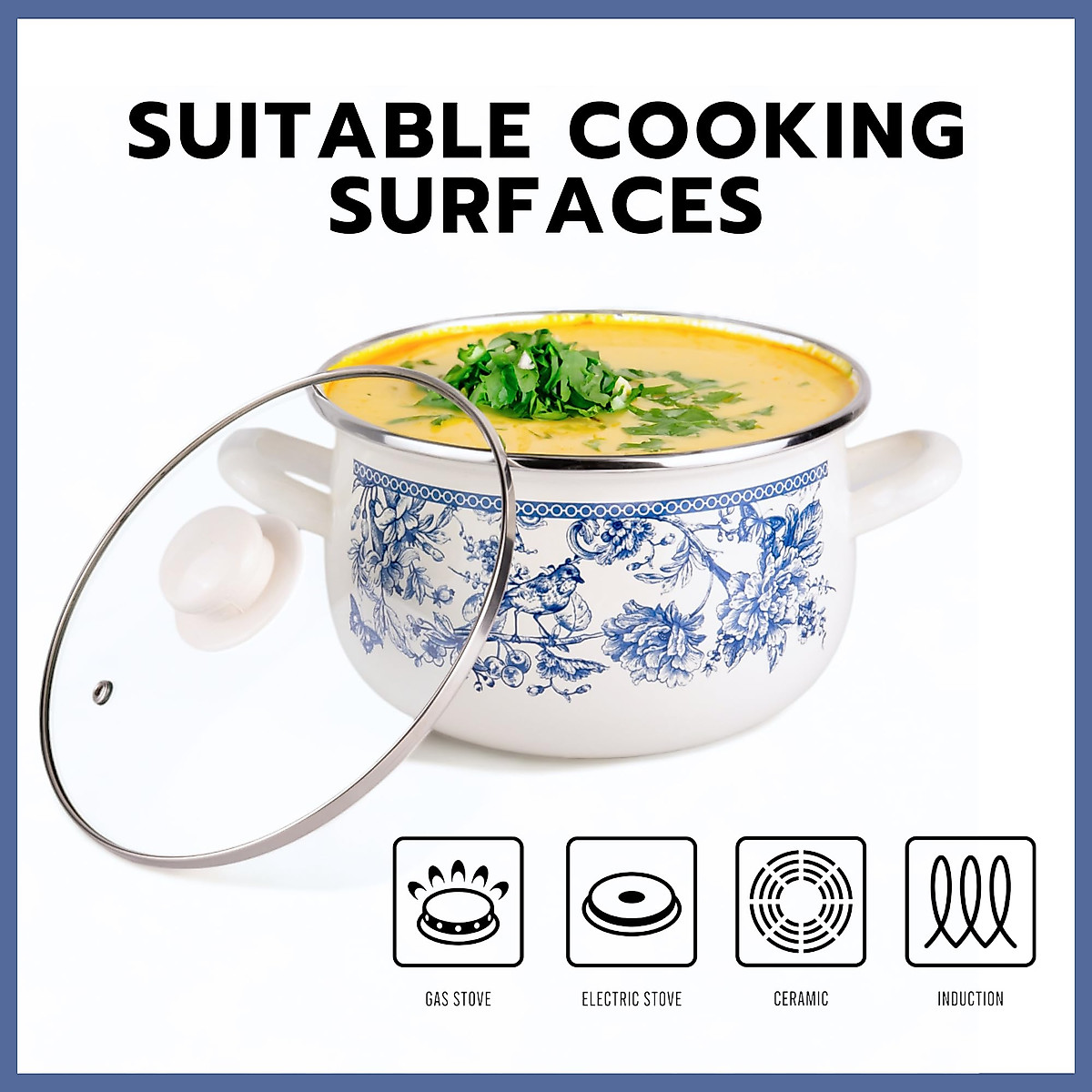 Bird of Paradise Vintage Enamel Belly Deep Stock Pot with Glass Lid Deep Cooking Pot, Dishwasher safe (Set of 2 (3.8 L); (6.2 L))