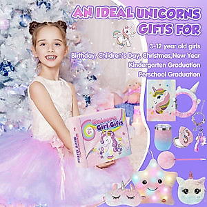 Sabdrau Unicorn Gifts for Girls 4 5 6 7 8 9 10+ Years Old, Kids Unicorns Toys with Light Up Plush Star Pillow/Diary/Headband/Eye Mask/Water Bottle, Soft Plush Toys Set for Birthday Gift Christmas