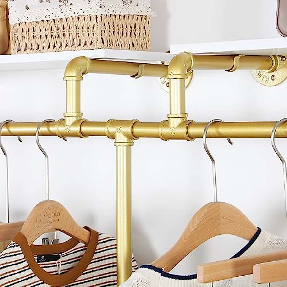 WJJAYY Wall Mounted Gold pipe clothing rack with 3 T-Bar Design and Nano Gold Finish with 2 Wooden Shelves Heavy Duty Wall Mounted Gold Iron Garment Bar for Retail Display and Closet Storage