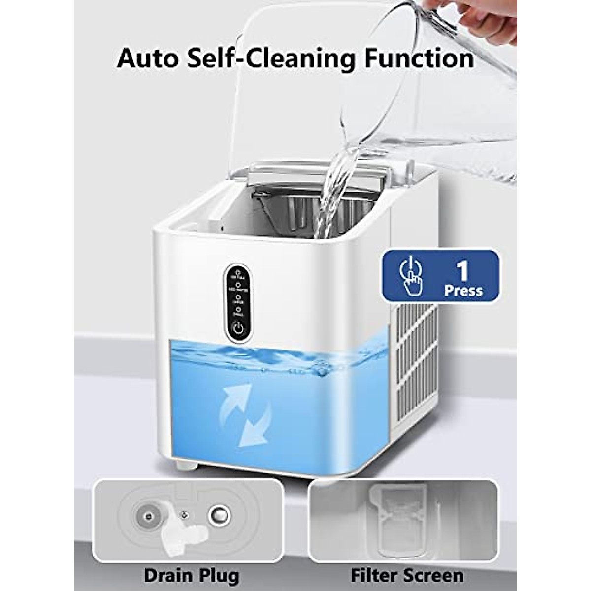 KUMIO Ice Makers Countertop, Portable Ice Maker with Self-Cleaning, 8 Cubes/9 Mins, 26.5Lbs/24Hrs, Ice Machine with Scoop and Basket, 2 Sizes of Bullet Ice for Home Office Bar Party