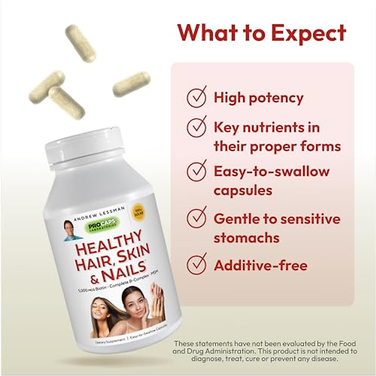 ANDREW LESSMAN Healthy Hair, Skin & Nails 60 Capsules – 5000 mcg High Bioactivity Biotin, B-Complex - Promotes Beautiful Hair, Skin, Strong Nails - No Additives Hair Growth Vitamins Biotin Supplement