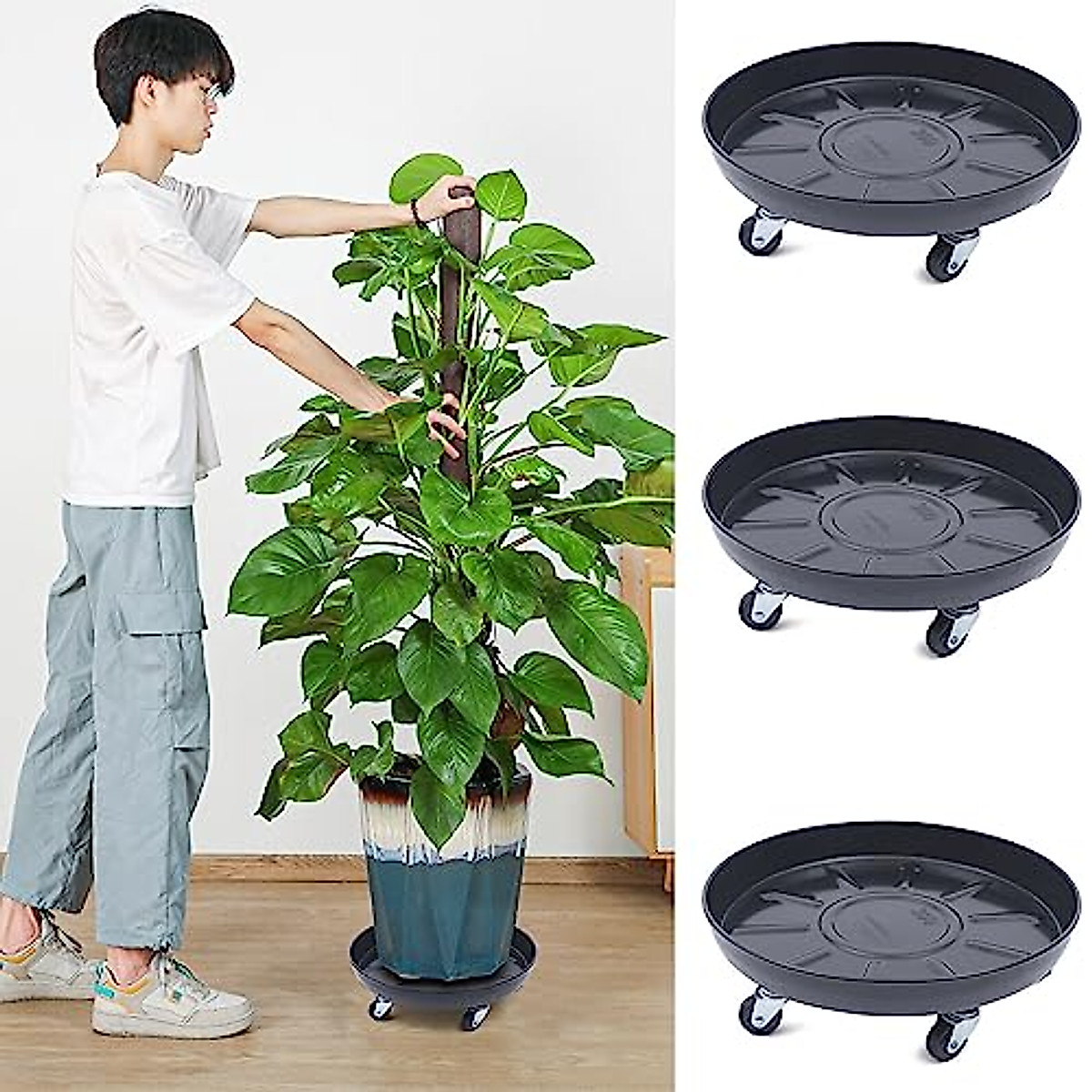 LYNICESHOP Plant Caddy with Wheels, 3Pack Plastic Plant Pallet Caddy Stand Planter Mover Flower Pot Dolly Caster Heavy Duty Plant Stand with Universal Wheels Round Pot Trolley for Indoor Outdoor