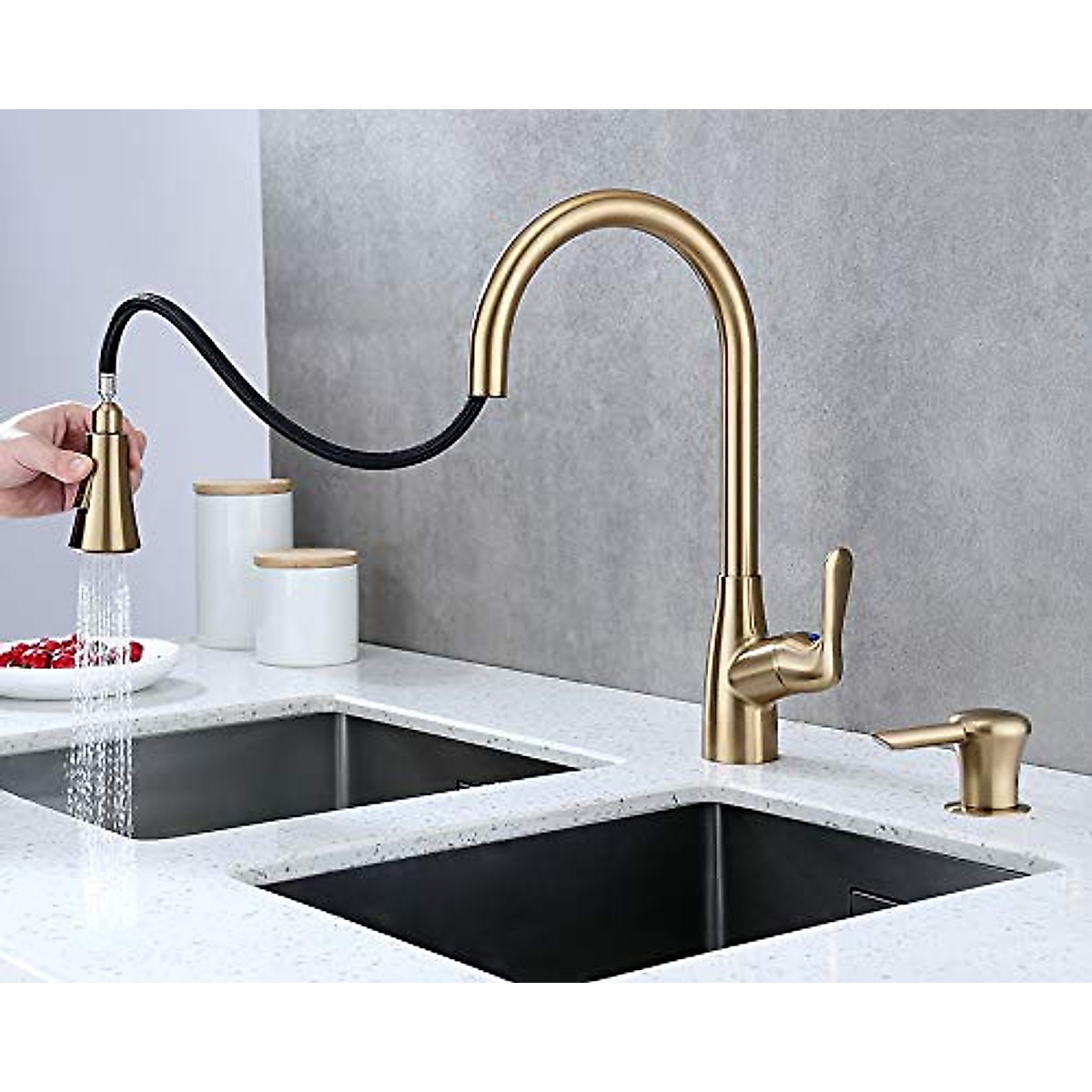 Derengge KF-058S-CS Single Handle Pull-Down Kitchen Faucet with Soap Dispenser, 2 Hole Installation, Meets cUPC NSF 61-9 AB1953, Brushed Gold Finished