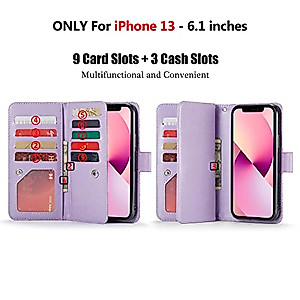 Varikke iPhone 13 Wallet Case - 9 Card Holder, Magnetic Detachable Cover, Kickstand Strap, Glitter PU Leather, Light Purple
