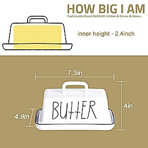SWEEJAR Ceramic Butter Dish with Handle Lid, 7.3 Inch Porcelain Large Butter Keeper with Cover, Perfect for East/West Butter (White)