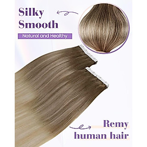 LaaVoo Tape in Hair Extensions Balayage Brown to Ash Blonde with Platinum Blonde Hair Extensions Tape in Human Hair Blonde Ombre Tape in Hair Extensions Human Hair for Women Seamless 12inch 30g 20pcs