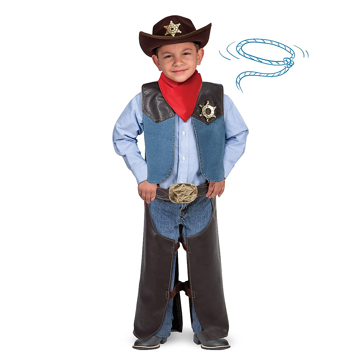 Melissa & Doug Cowboy Role Play Costume Set (5 pcs) - Includes Faux Leather Chaps - Cowboy Dress-Up Role Play Costume With Vest For Boys And Girls