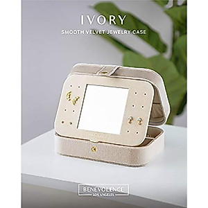 Plush Velvet Travel Jewelry Box Organizer | Travel Jewelry Organizer, Travel Jewelry Case | Small Jewelry Box for Women, Jewelry Travel Case | Earring Organizer Box with Mirror - Ivory