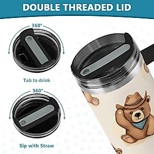 Flradish 40oz Tumbler with Handle, Funny Cowboy Bear Stainless Steel Tumbler with Lid and Straws Double Wall Vacuum Insulated Leakproof Coffee Travel Mug