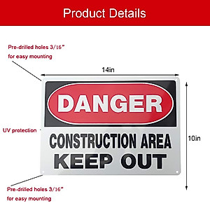 Danger Constructicn Area Keep Out Sign,Danger Do Not Enter Sign Metal Danger Sign 10x14 Inch Rust Free Aluminum UV Printed Easy to Mount Weather Resistant Long Lasting Ink (4-Pack)…