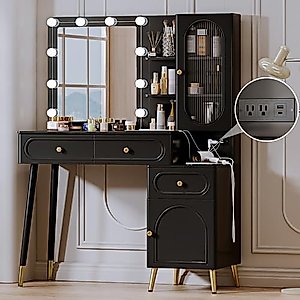 YYJ Vanity Desk with Mirror and Lights,Modern High Capacity Makeup Vanity with 3 Drawers,Makeup Table with Power Outlet and 10 Lights,Writing Desk for Bedroom,Makeup Room, Black