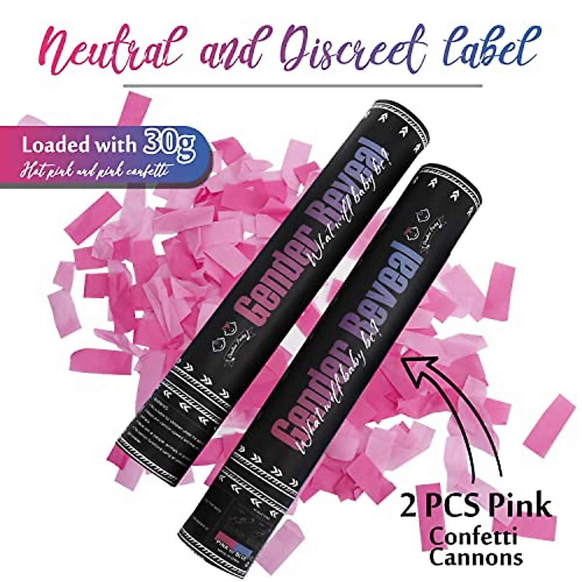 Gender Reveal Pink Confetti Cannon, DOUKEE Baby Shower Pink only Biodegradable Confetti Poppers (Mixed Pink and Hot Pink) - 2 Set