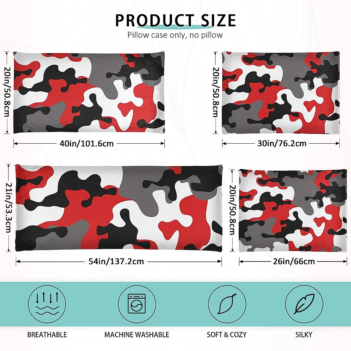 Red Grey Camouflage Pillowcase for Hair and Skin Body Pillow Cover Bed Pillow Cases Standard Size 20"X 26" Flannel Pillow Cases with Zipper for Sleeping