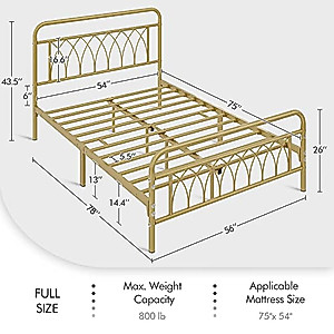 Yaheetech Full Bed Frame Metal Platform Bed with Petal Accented Headboard/Footboard/14.4 Inch Under Bed Storage/No Box Spring Needed,Antique Gold