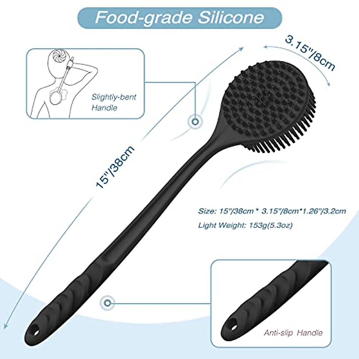 ManmiHealth Silicone Back Scrubber for Shower(Thick Bristles), Body Scrubber with 15'' Long Handle, Light & Easy-to-Hold Shower Brush for Skin Exfoliating and Massaging, Not Good in Lathering.(Black)
