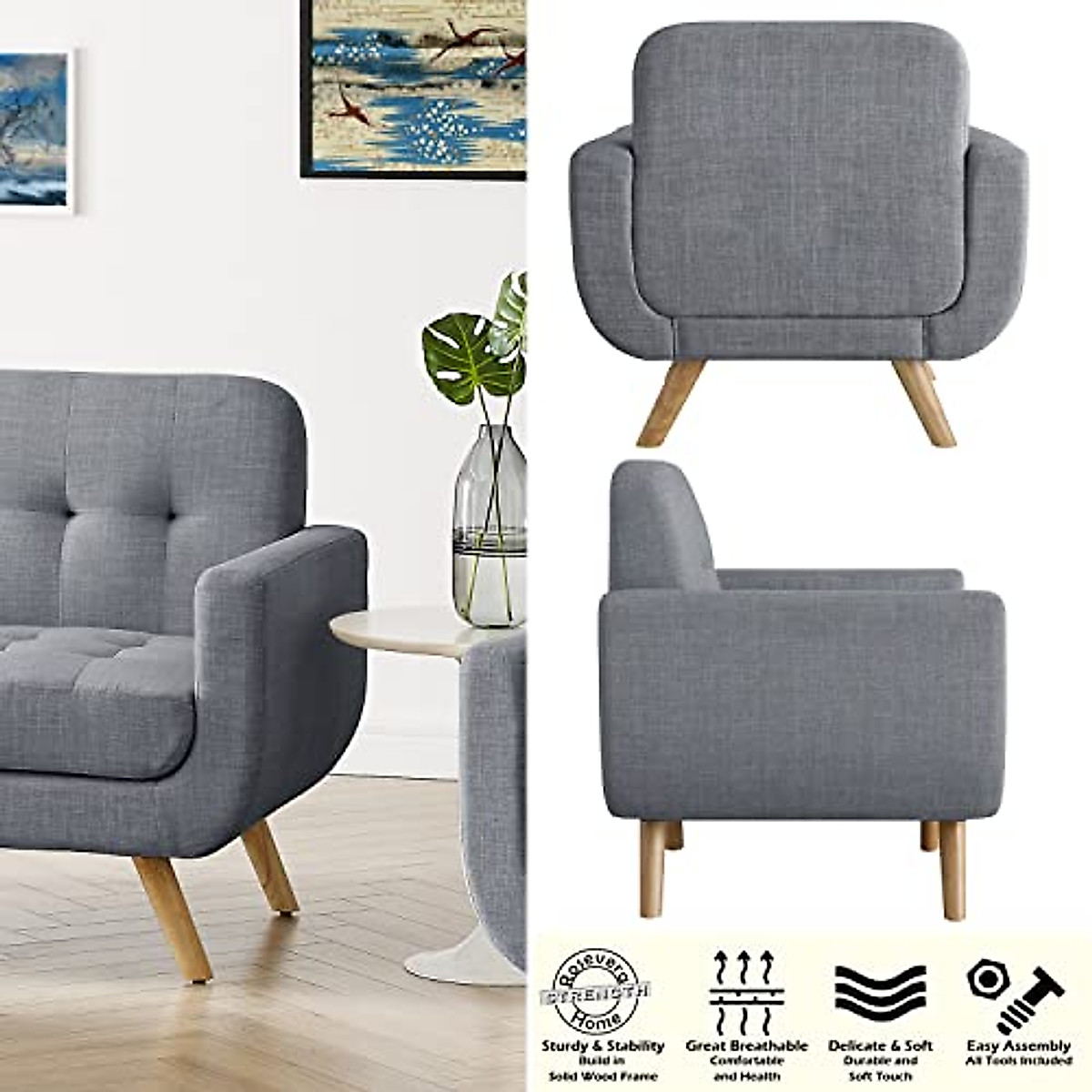 ROSEVERA Rylee 30”Accent Fabric Upholstered Arm Tufted Comfy for Reading in Bedroom,Living Room, Sofa Chair,Armchair for Small Space,Wood Legs, Standard, Gray Linen
