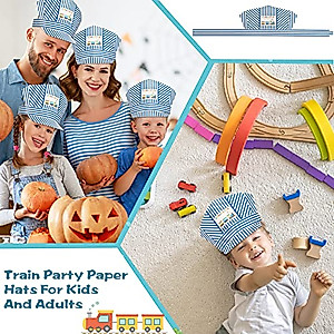 Bonuci 24 Pieces Paper Train Party Hats Train Engineer Hats for Kids Train Party Cosplay, Train Conductor Costume Halloween Blue and White Stripes Train Themed Party Photo Props