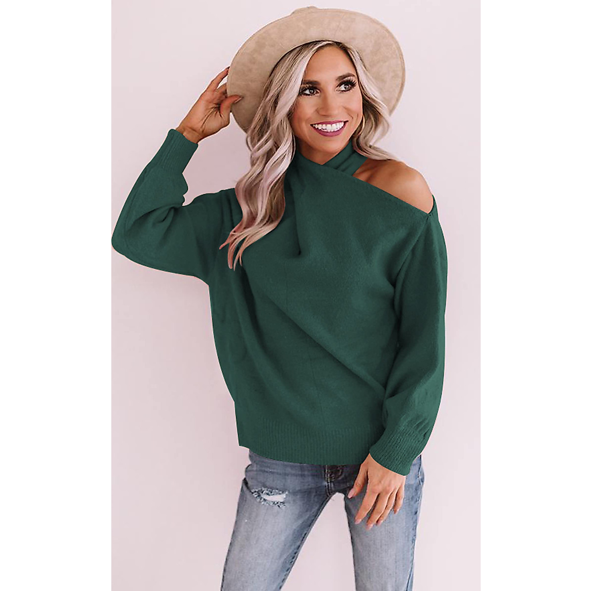 Angashion Women's Sweaters Casual Off Shoulder Tops Crossed V- Neck Long Sleeve Crop Halter Pullover Dark Green Small