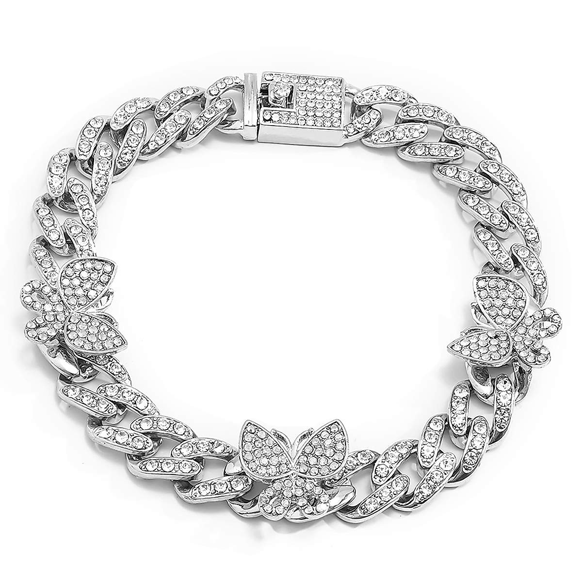 Ingemark Shiny Rhinestone Butterfly Anklet Hip Hop Cuban Link Ankle Chain Bracelet for Women Cute Fashion Music Party Rave Anklet Jewelry (#3 Silver)