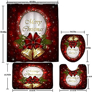 Kerally 4Pcs Merry Christmas Bathroom Sets, Waterproof Christmas Shower Curtain, Non-Slip Carpet, Toilet Mat and Floor Mat Shower Curtain Set for Holiday Decoration