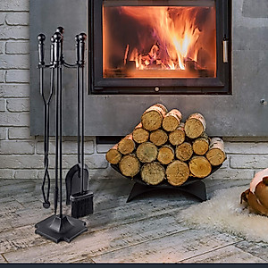 WBHome Fireplace Tools Set 5 Pieces Wrought Iron Fireset Fire Pit Poker Wood Stove Log Tongs Holder Fireplace Tool Set With Pedestal Place, 32 Inch (Black All)