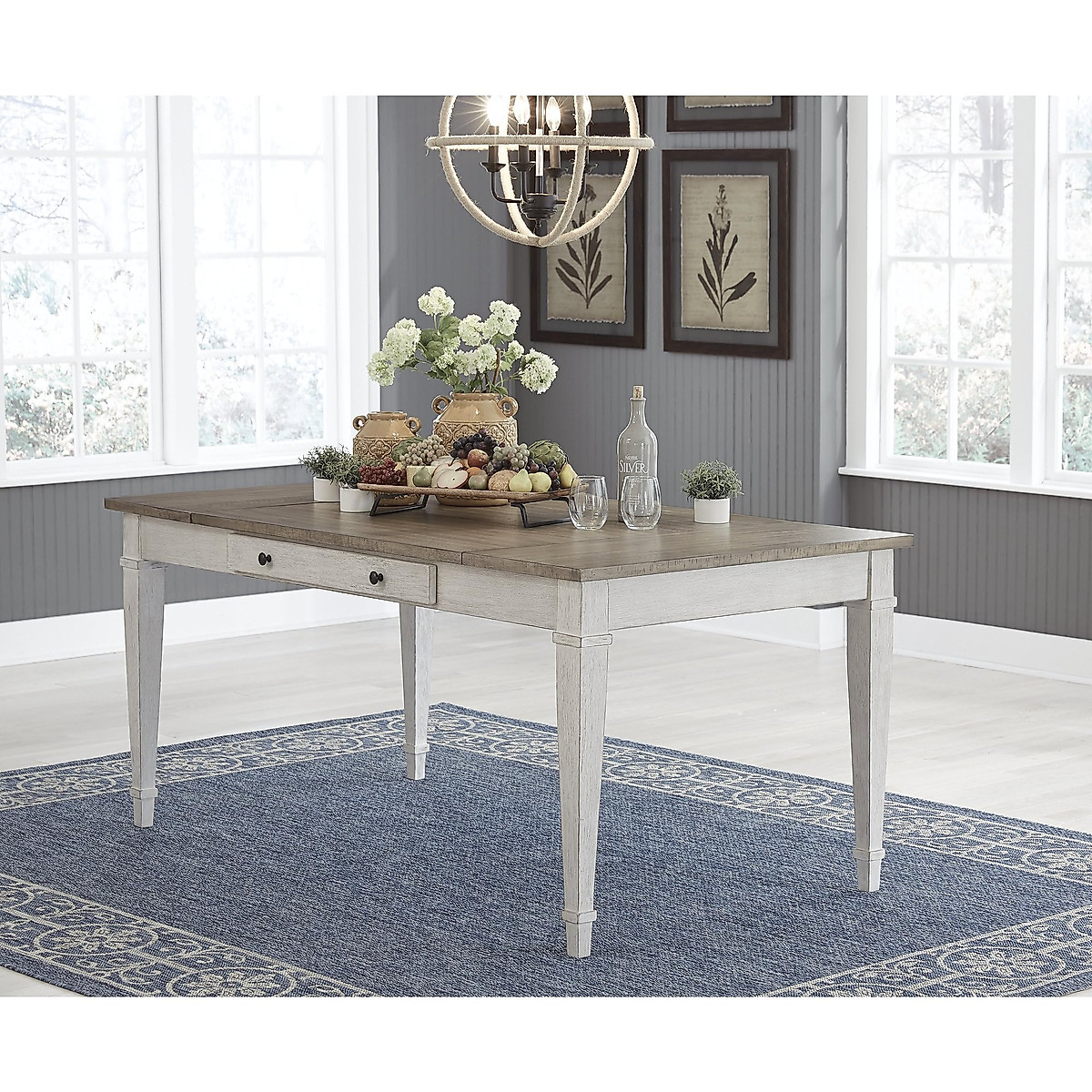 Signature Design by Ashley Skempton Farmhouse Rectangular Dining Room Table with Storage, White & Light Brown
