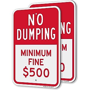 SmartSign No Dumping Minimum Fine 500 Sign - 2 Pack, 18 x 12 inch, 2mm Aluminum Composite, Pre-Drilled Holes, Red and White, Made in USA