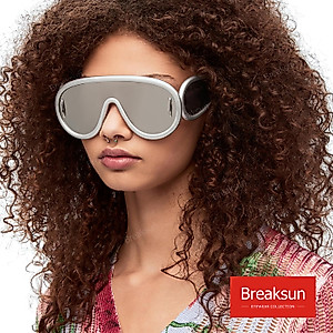 Breaksun Fashion Wave Mask Sunglasses for Women Men Oversized Silver Mirrored Futuristic Shield Sun Glasses Designer Style (Silver/Silver Mirror)