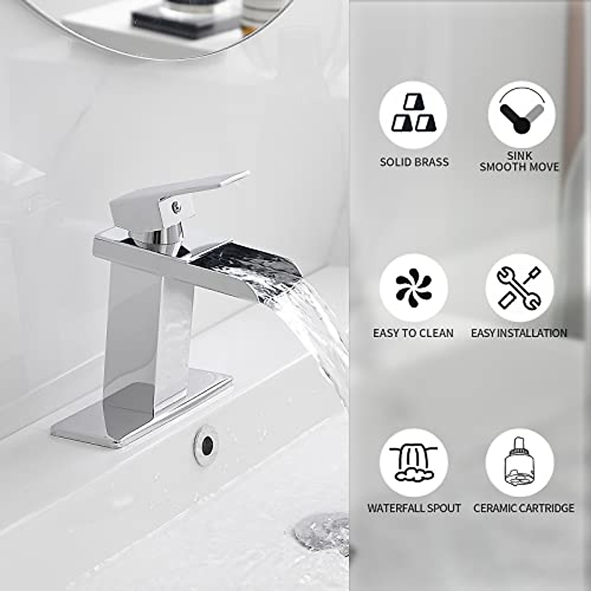 BWE Waterfall Bathroom Faucet Chrome Polished Modern Sink Bath Single Hole Handle Lavatory Vanity Washbasin Mixer Tap Brass Material with Water Faucets Supply Hose