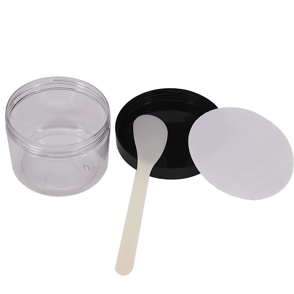 zmybcpack 12 Pack 8 OZ Clear Plastic Jars With Black Lids, A Spatula, A Pen & Labels - BPA Free PET Container for Cosmetics, Cream, Bathroom, Kitchen & Travel Plastic Slime Storage Jars