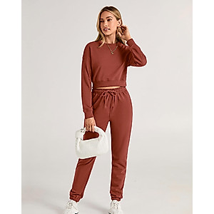 BTFBM Women 2 Piece Outfits Long Sleeve Crop Top Pullover Drawstring Pant Jogger Set Casual Sweatsuits Tracksuit Pockets(Solid Brick Red, X-Large)