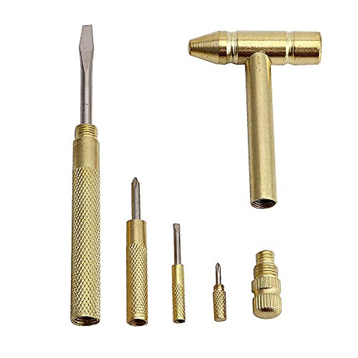 Kinobo 6 in 1 Mini Multifunction Copper Hammer & Screwdriver Hand Tools Ideal for Watchmaker Jewelers and Eating Walnuts. (Gold)