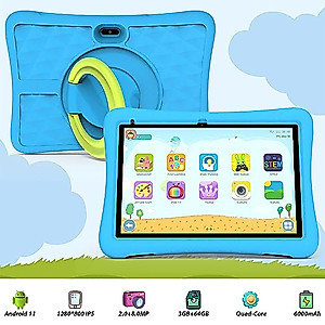 Aheadthink Kids Tablet, 10 inch Tablet, 64 + 512gb ROM Expansion Android 11 Kids BT, WiFi, GMS, Parental Controls, EVA Shockproof Case, Education, Games. (Blue Case)