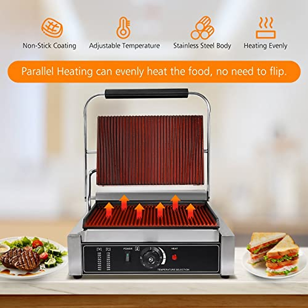 POWLAB Commercial Sandwich Panini Press Grill 2200W Sandwich Press Grill Machine Electric Stainless Steel Sandwich Maker Non Stick Surface Kitchen Equipment for Making Hamburgers Steaks Bacons
