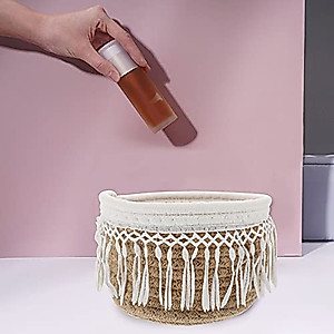 Cabilock Cotton Thread Storage Basket Boho Basket with Tassel Jute Color Farmhouse Small Laundry Basket Table Storage Braided Bin Organizer with Tassel Fringe