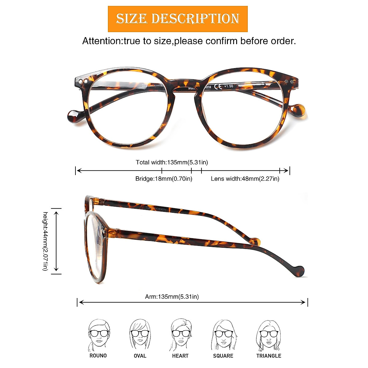 Kerecsen 5 Pack Reading Glasses for Women and Men Large Frame Round Readers Spring Hinges (5 Pack Mix Color, 2.25)