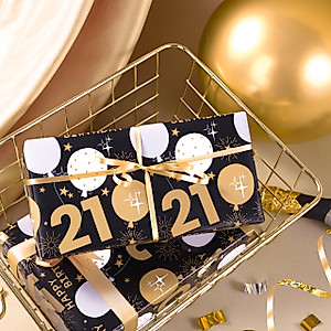 WRAPAHOLIC 21st Birthday Wrapping Paper - Mini Roll - 17 Inch x 33 Feet - Black Gold Balloon Design for Birthday, Party, Holiday