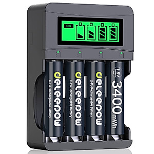 Deleepow 1.5V Rechargeable AA Batteries 3400mWh Lithium Batteries AA with LCD Charger 4 Count 1500Cycle