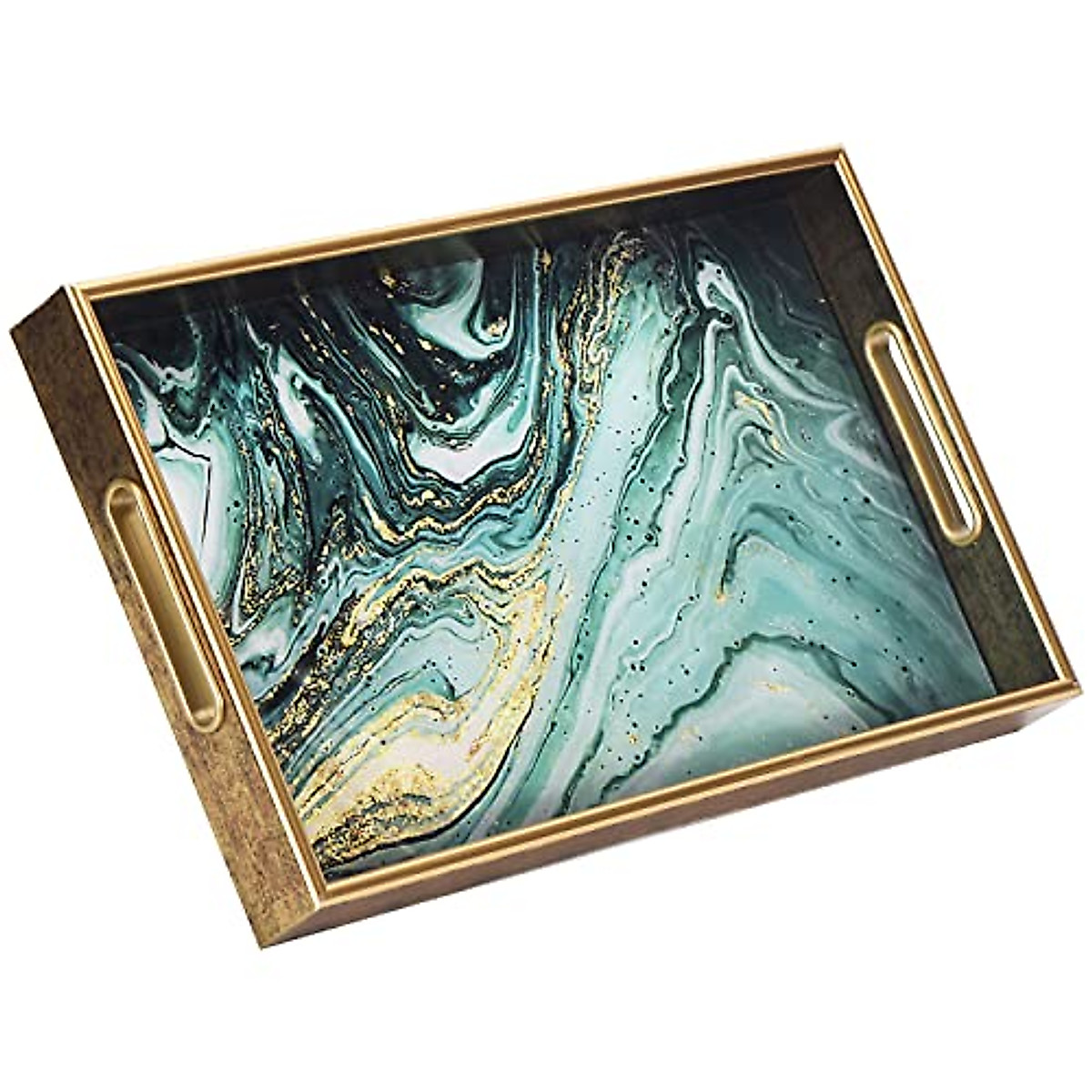 Decorative Coffee Table Tray, 15.7" x 9.8" Rectangle Breakfast Serving Tray with Handles, Unique Printed Glass Trays for Coffee Table, Ottoman(White and Green)